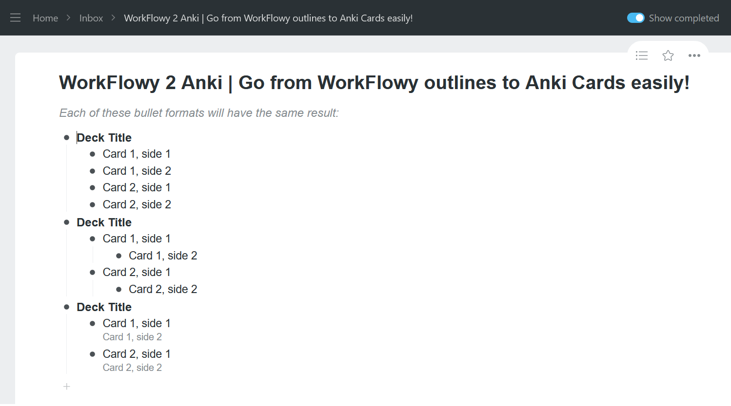 WorkFlowy 2 Anki | Go from WorkFlowy outlines to Anki Cards easily!